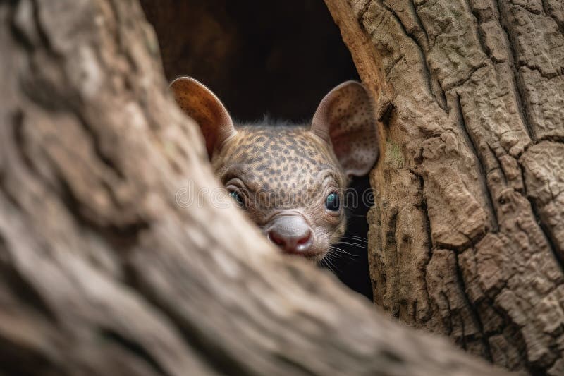 Newborn Animal Peeking Out from Behind a Tree Trunk Stock Illustration ...