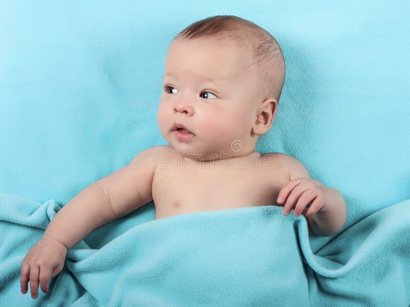 Newborn baby on blue stock photo. Image of body, life - 80780844