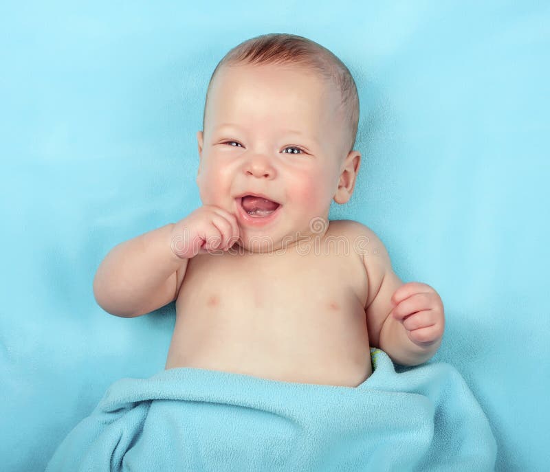 Newborn baby on blue stock image. Image of innocence - 80780875