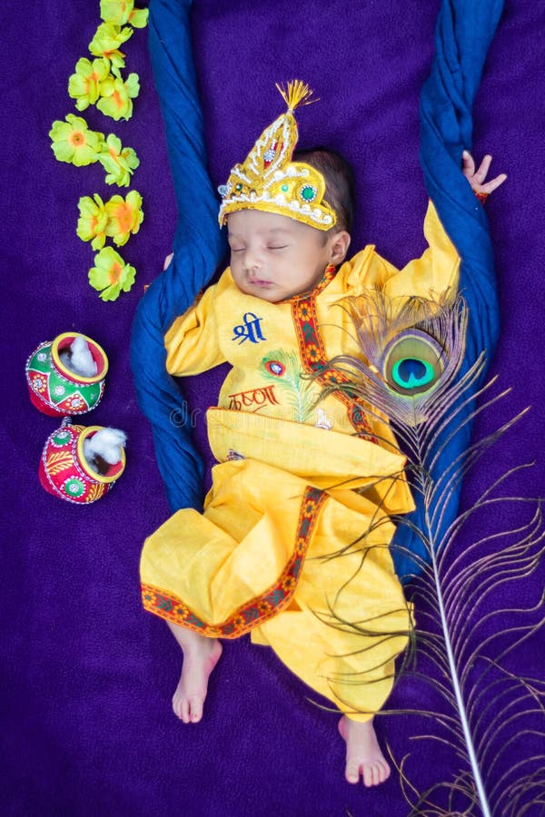 Newborn Baby Boy in Krishna Dressed with Props at Swing from Unique ...