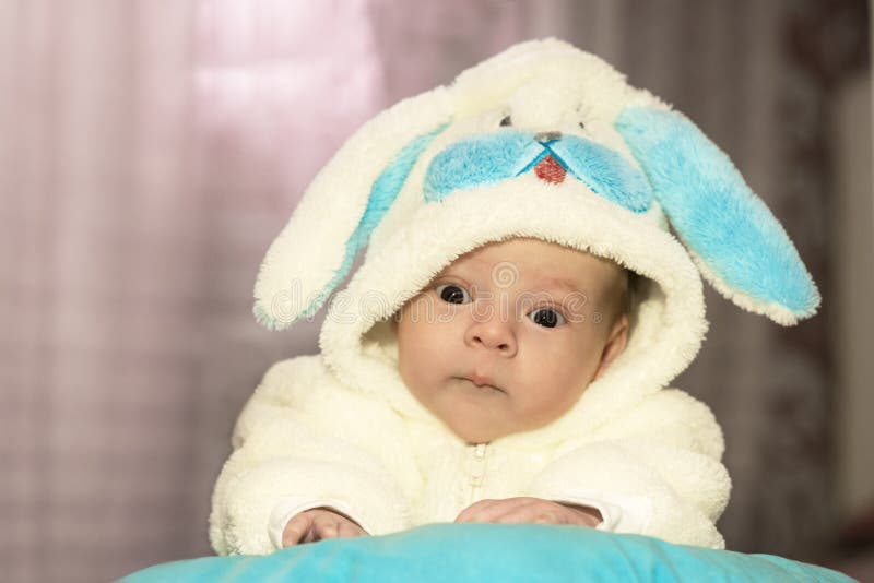 Newborn Baby Dressed in Rabbit Suit Stock Image - Image of indoors ...