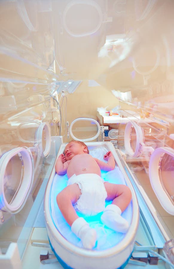 Newborn Baby Get the Light Therapy in Infant Incubator Stock Photo ...