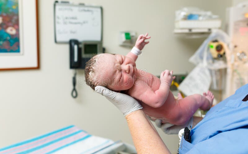 Newborn Baby Just Born Being Held by Nurse in Hospital Labor and ...