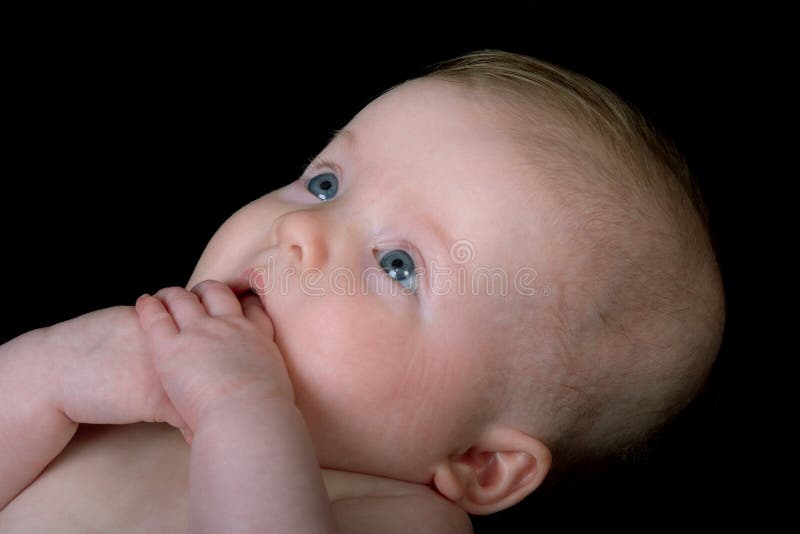 Newborn Baby Looking Up with Big Blue Eyes Stock Photo - Image of bare ...