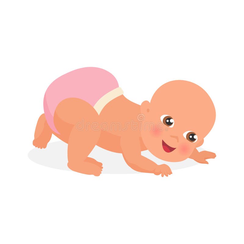 Newborn Baby in Pink Diaper Learning To Crawl, Training Process Stock ...