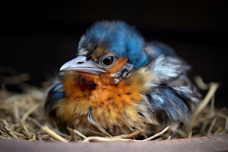 Newborn Bird with Blue, Yellow and Orange Feathers in Its Nest Stock ...
