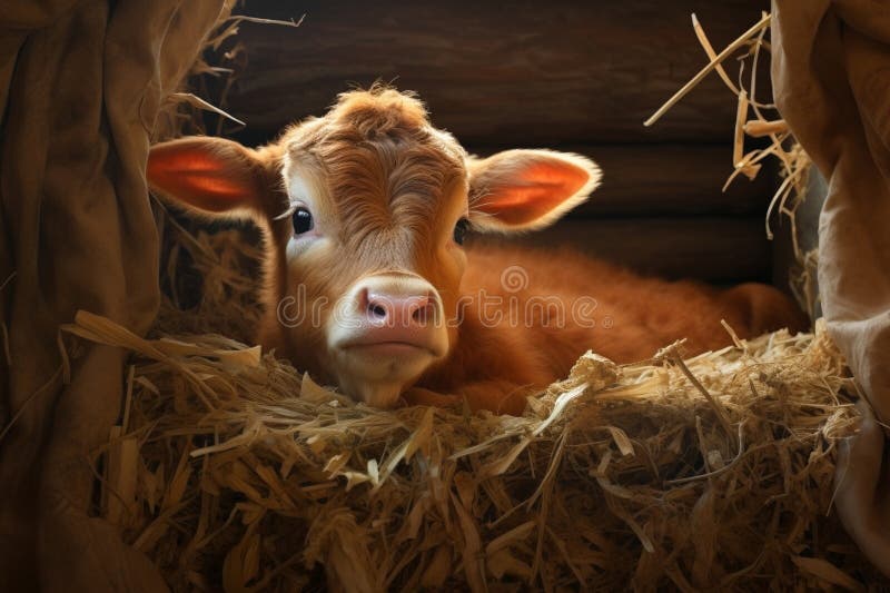 A Newborn Calf Lies in a Manger on the Dry Grass Ai Photo Stock ...