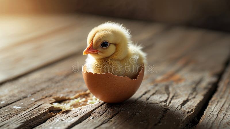 Newborn Chick Hatching from Egg on Rustic Wooden Surface Stock Photo ...
