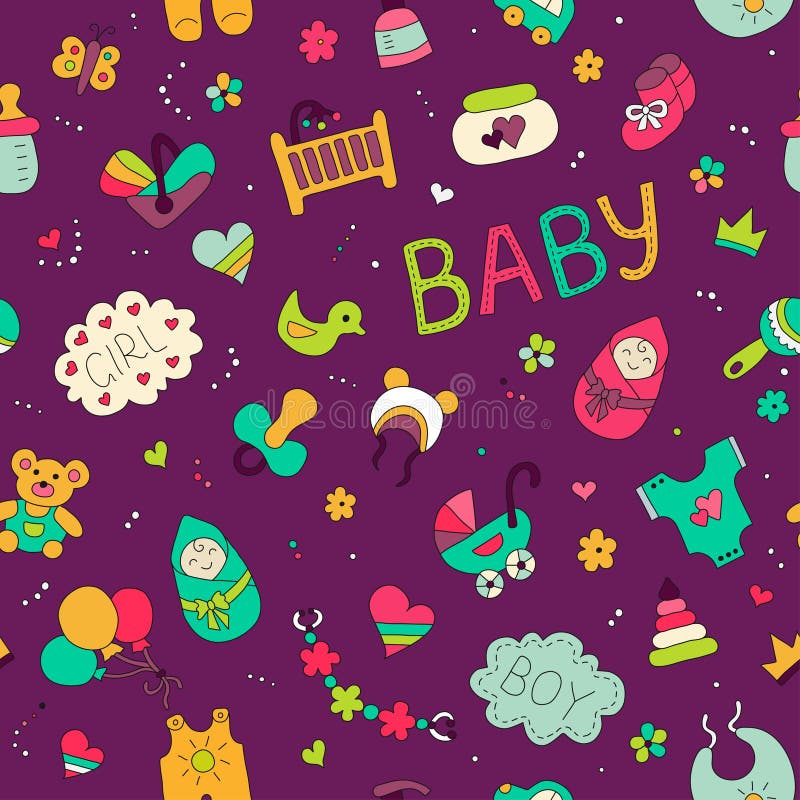 Newborn. Colorful Vector Seamless Pattern in Doodle and Cartoon Style ...
