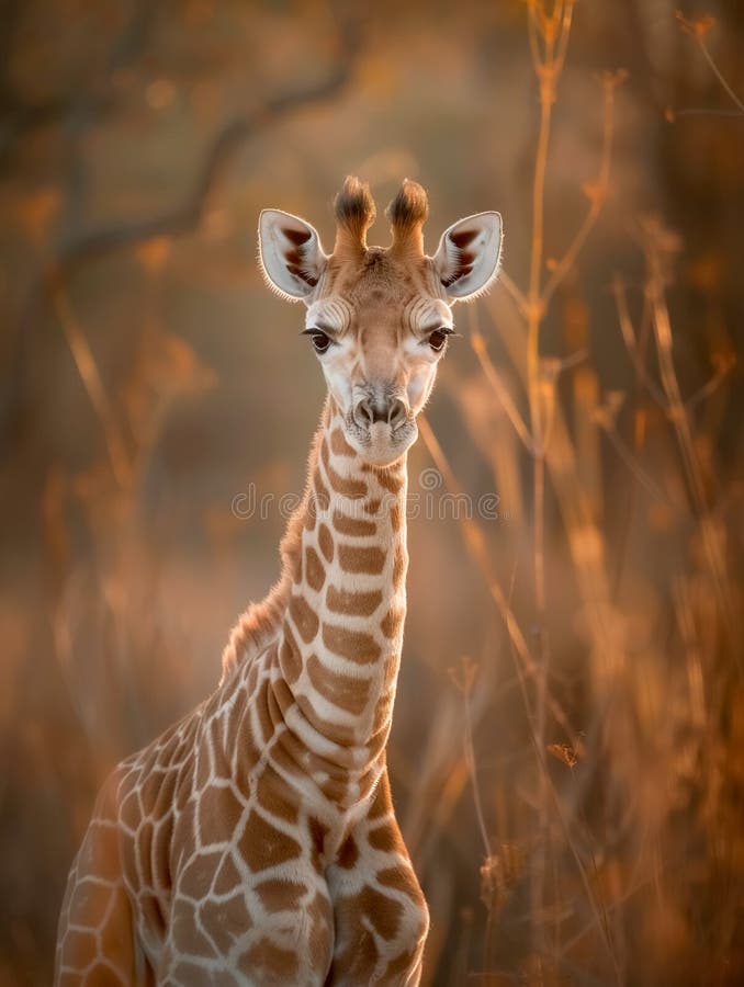 Newborn Giraffe Stands Tall in Golden Landscape, Showcasing Its Unique ...