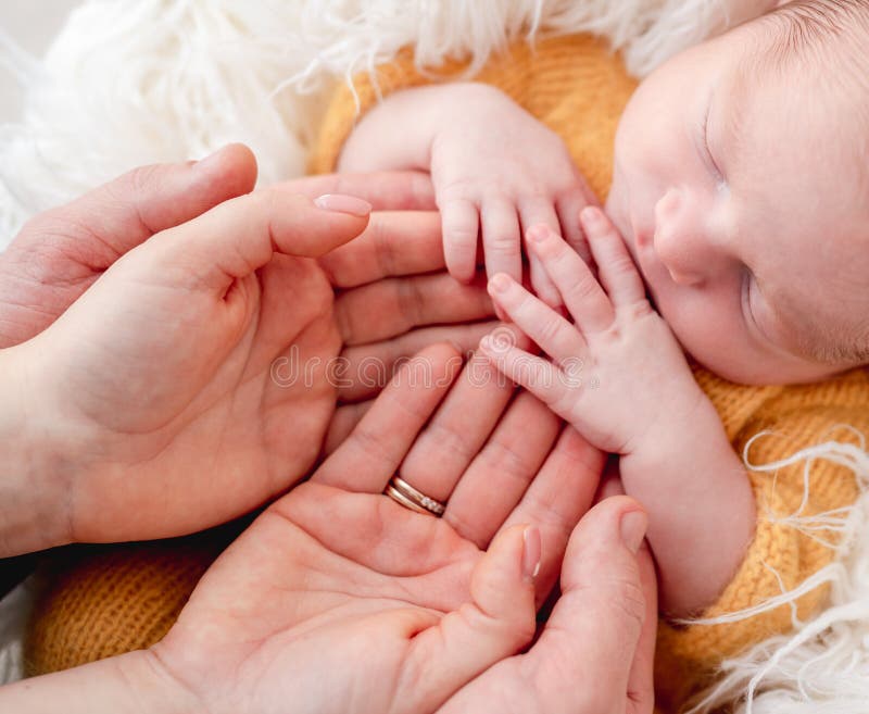 Newborn Holding Open Palms of Parents Stock Photo - Image of little ...