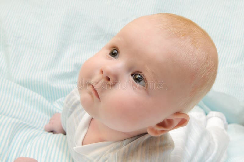 Newborn Baby Looking Up with Big Blue Eyes Stock Photo - Image of bare ...