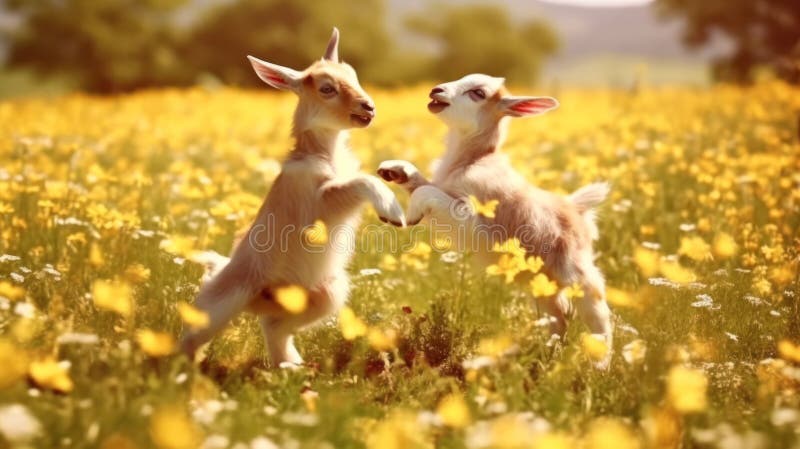Newborn Lambs Play with Each Other in the Meadow Stock Illustration ...