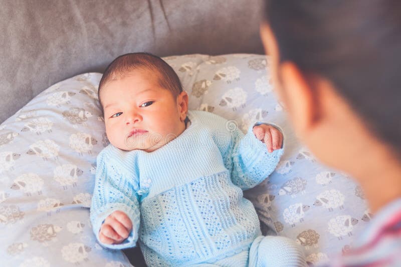 Newborn Lying Down Looking at His Mother Stock Image - Image of child ...