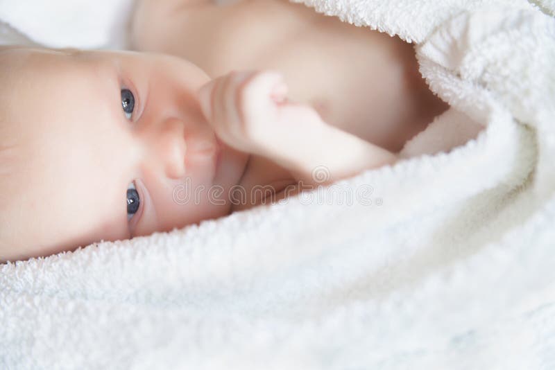 Newborn Tiny Baby Lying on the Bed Side View Stock Image - Image of ...