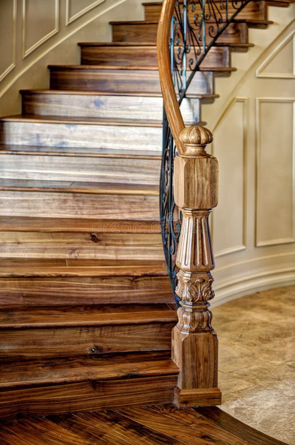 The Black Walnut Newel Post at the the Bottom of a Staircase. Stock ...