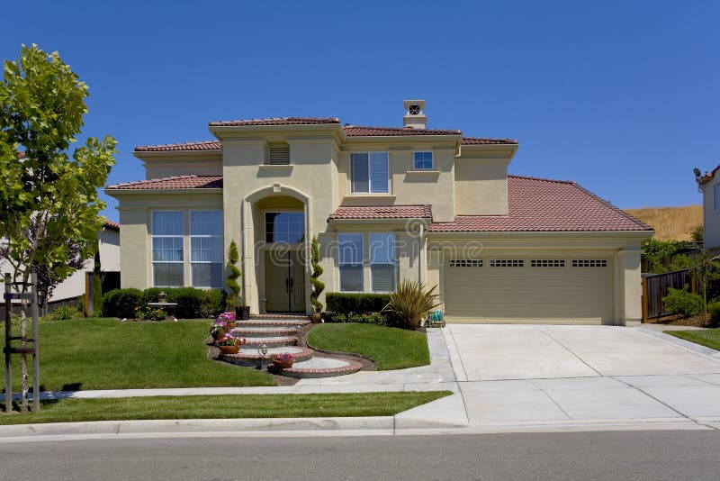 Large Spanish Style Home with a Turret Stock Image - Image of garage ...