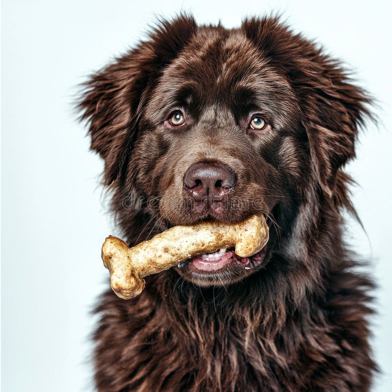 Newfoundland Dog is Captured in Side View Contentedly Chewing on Bone ...