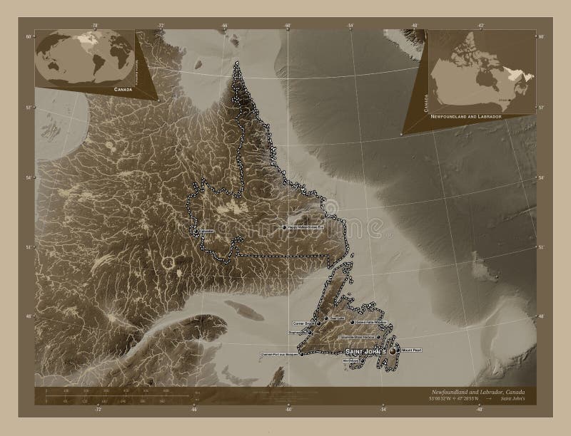 Newfoundland and Labrador, Canada. Sepia. Labelled Points of Cities ...