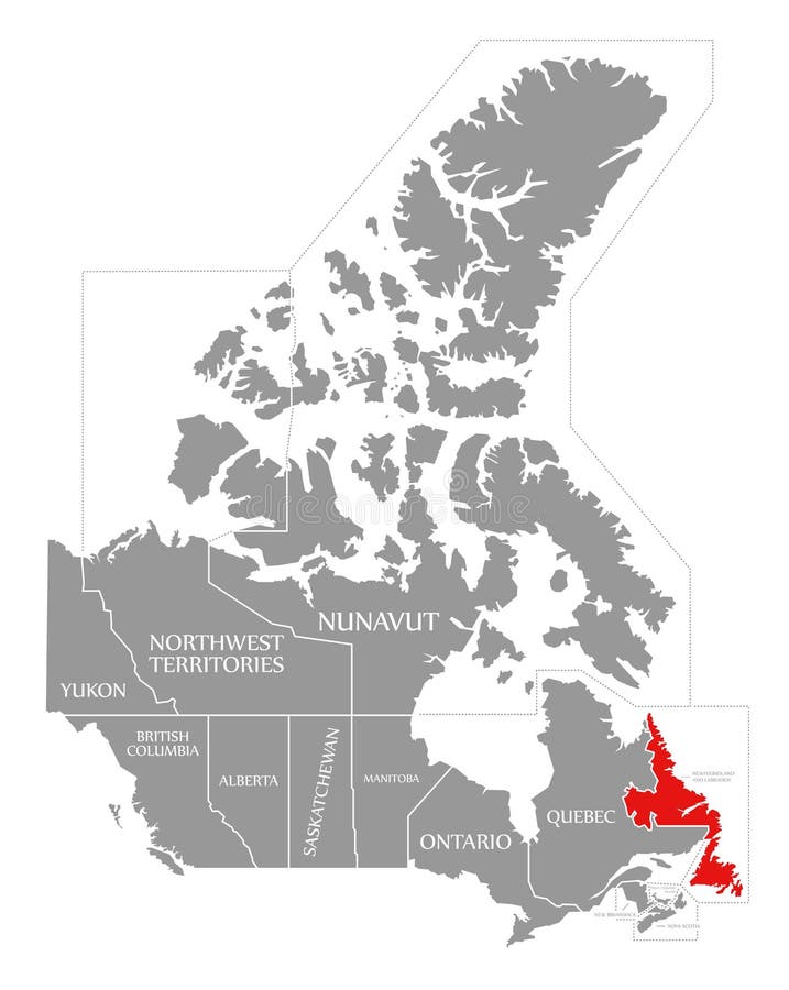 Newfoundland and Labrador Red Highlighted in Map of Canada Stock ...