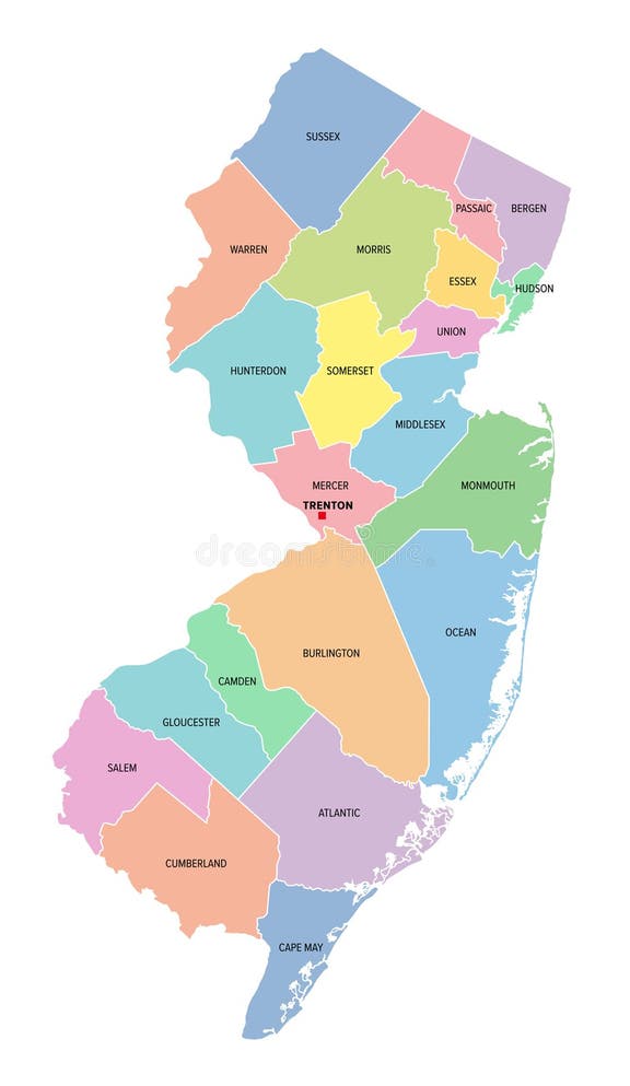 New Jersey, U.S. State, Subdivided into 21 Counties, Multi Colored Map ...