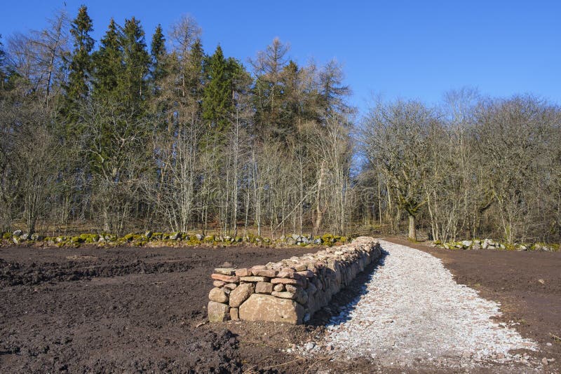 Newly Built Stone Wall at a Forest Edge Stock Photo - Image of newly ...