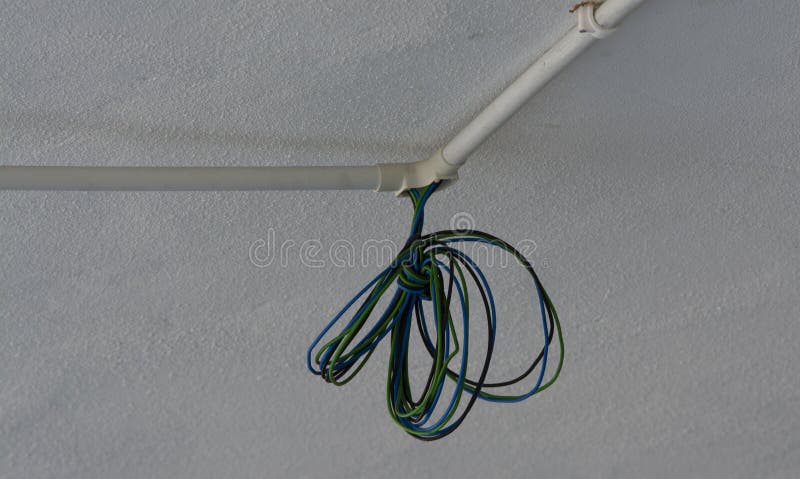 Newly Hanging Electric Wire on Ceiling Wall. Stock Photo - Image of ...