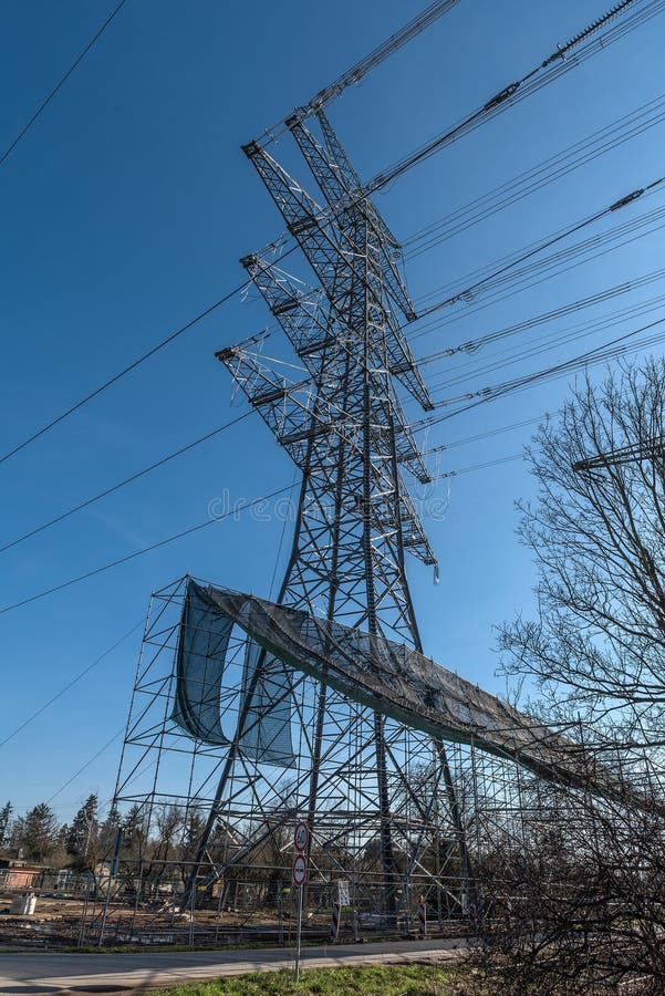 A Newly Installed High-voltage Pylon with Some Cables Connected Stock ...