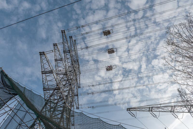 A Newly Installed High-voltage Pylon with Some Cables Connected Stock ...