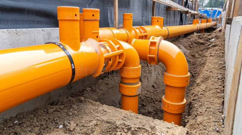 Orange PVC Sewer Pipe Installation on Construction Site New Drainage ...