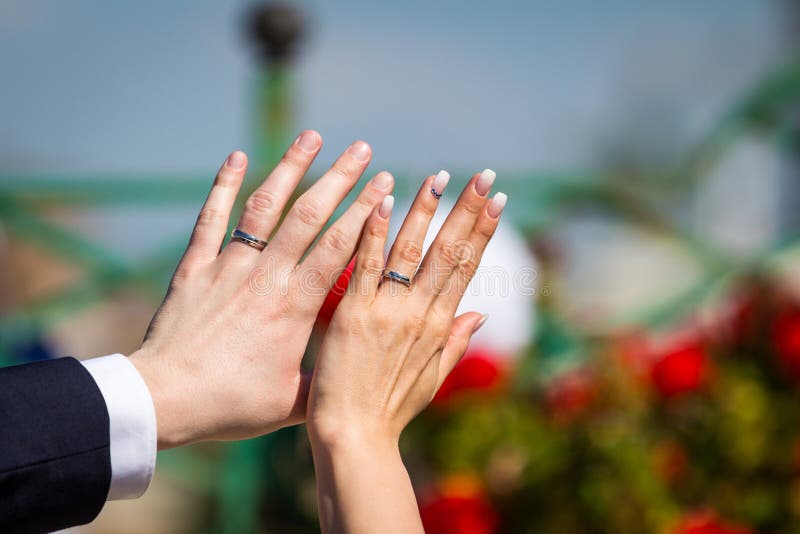 Newly Wed Couple`s Hands with Wedding Rings Stock Photo - Image of ...