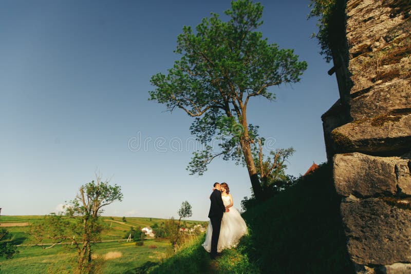 Newlyweds Kiss while Climbing To the Castle Stock Photo - Image of ...