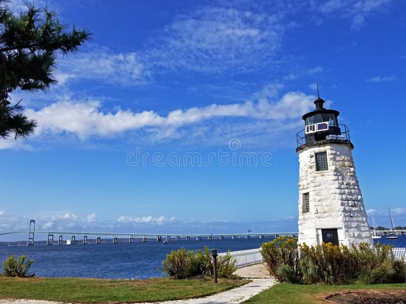 Newport Harbor Goat Island Lighthouse -06 Stock Image - Image of clouds ...
