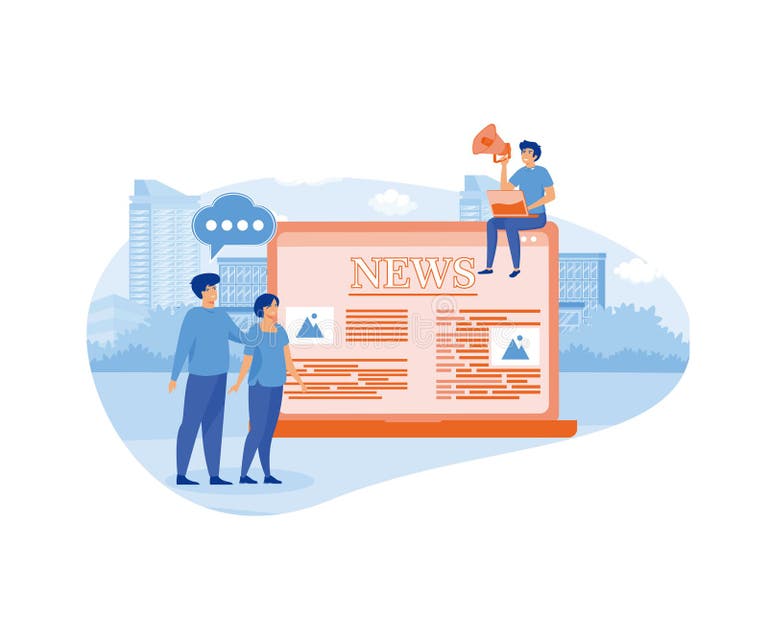 News Concept. Tiny People Read Breaking News Online Using Laptop Stock ...