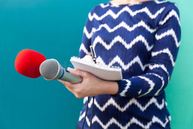 News Conference. Female Journalist. Stock Image - Image of notes ...