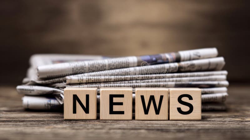 News Headlines on Wooden Background with Newspaper Stack Display Stock ...