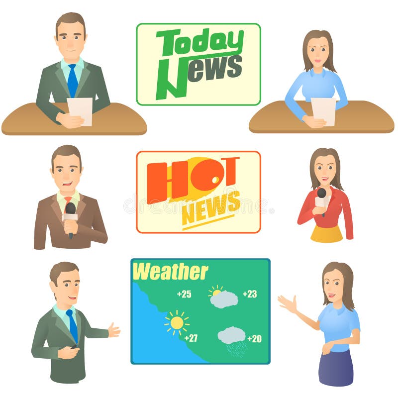 News Presenter Concept Set, Cartoon Style Stock Illustration ...
