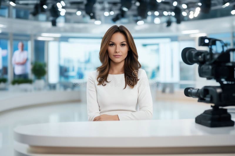 News Presenter in a Modern Studio Setup Prepares for a Live Broadcast ...