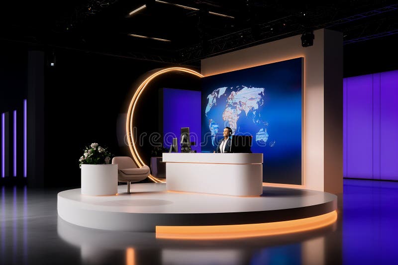 A News Presenter Sits at a Modern Desk in a Virtual Television Studio ...