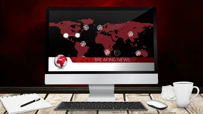 News Screen with Word Breaking News Written and World Map on Laptop ...