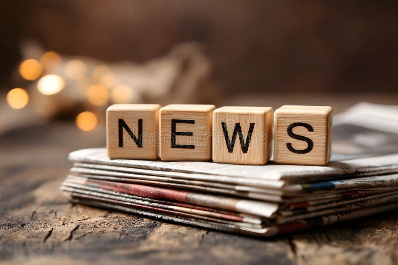 News Written with Wooden Cubes on Stack of Newspapers Stock Image ...