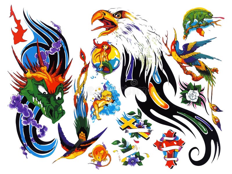 Newskool Tattoo Flash Set. Set of Labels and Elements. Vector Set Illustration Template Tattoo ...