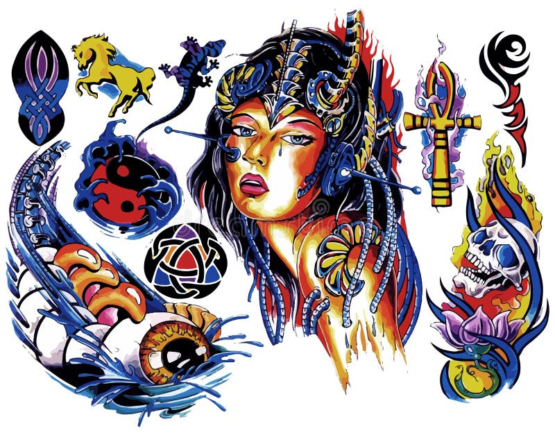 Newskool Tattoo Set. Set of Labels and Elements. Vector Set Illustration Template Tattoo. Stock ...