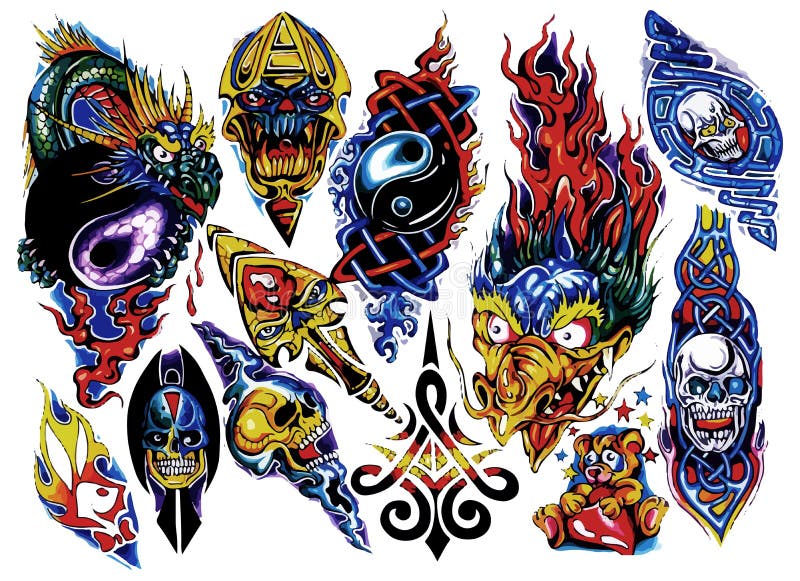 Newskool Tattoo Set. Set of Labels and Elements. Vector Set Illustration Template Tattoo. Stock ...