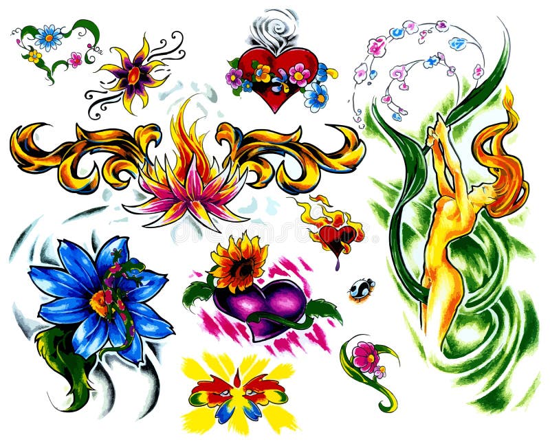 Newskool Tattoo Set. Set of Labels and Elements. Vector Set Illustration Template Tattoo. Stock ...