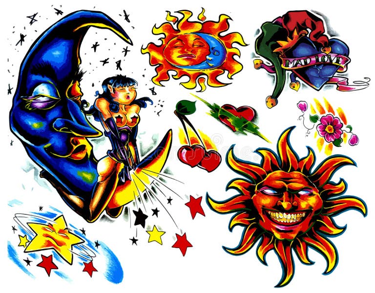 Newskool Tattoo Set. Set of Labels and Elements. Vector Set Illustration Template Tattoo. Stock ...