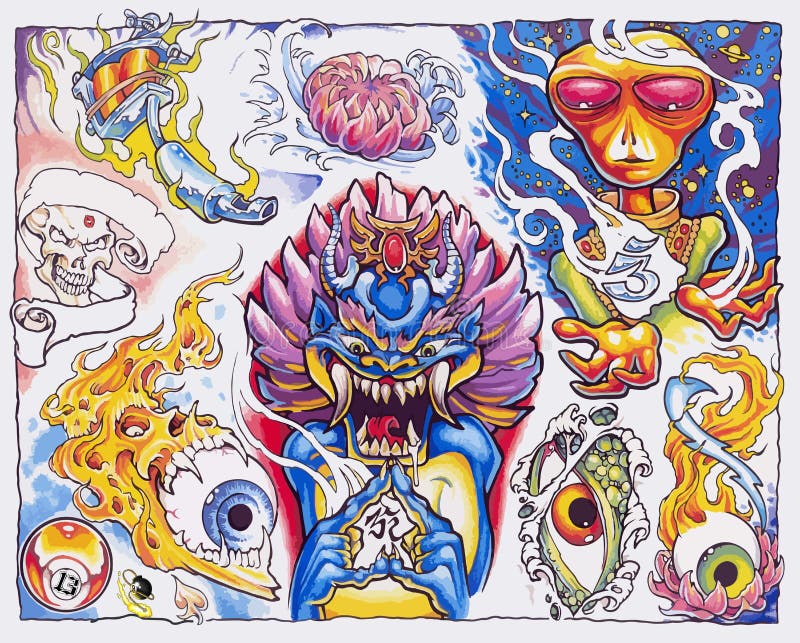 Newskool Tattoo Set. Set of Labels and Elements. Vector Set Illustration Template Tattoo. Stock ...