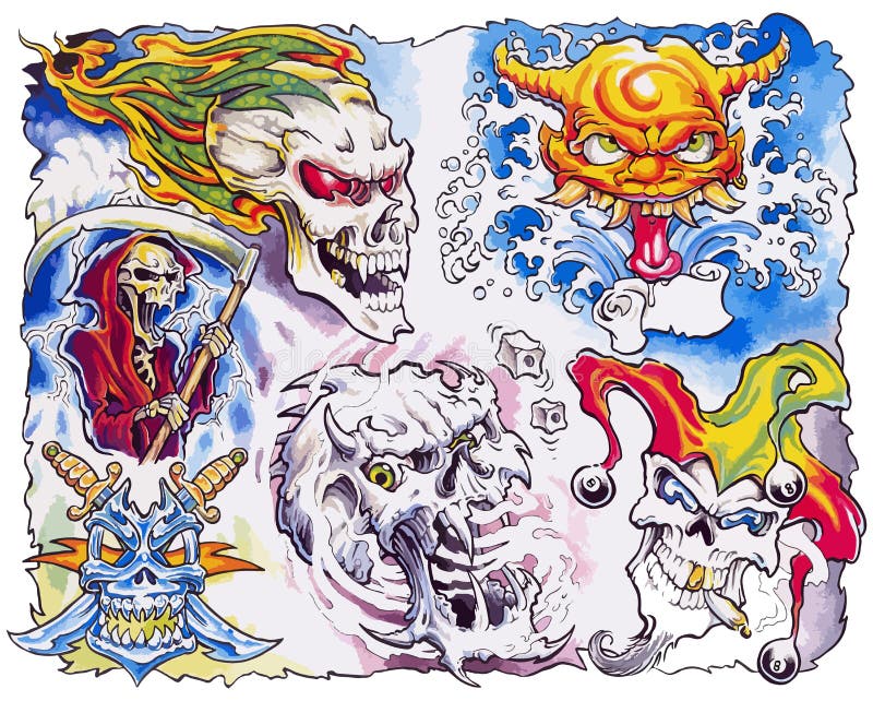 Newskool Tattoo Set. Set of Labels and Elements. Vector Set Illustration Template Tattoo. Stock ...