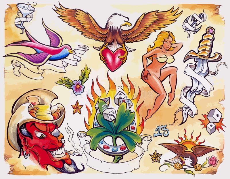 Newskool Tattoo Set. Set of Labels and Elements. Vector Set Illustration Template Tattoo. Stock ...