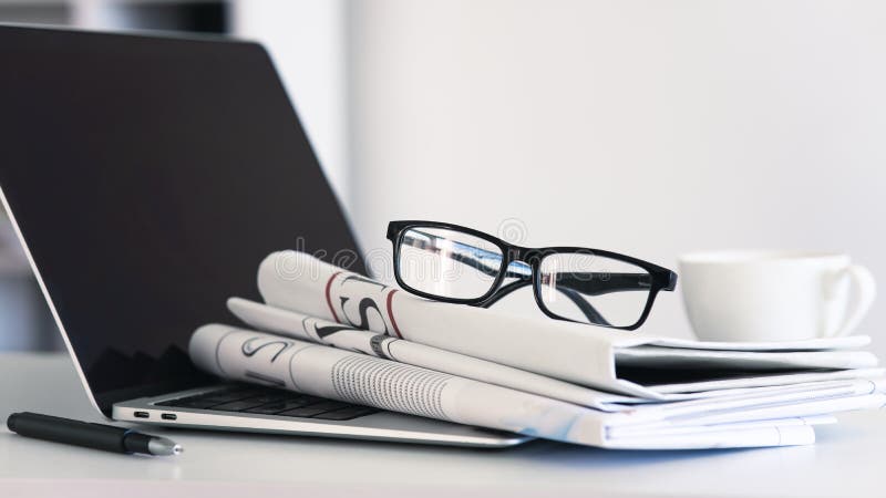 Newspaper with Computer on Table Stock Image - Image of background ...